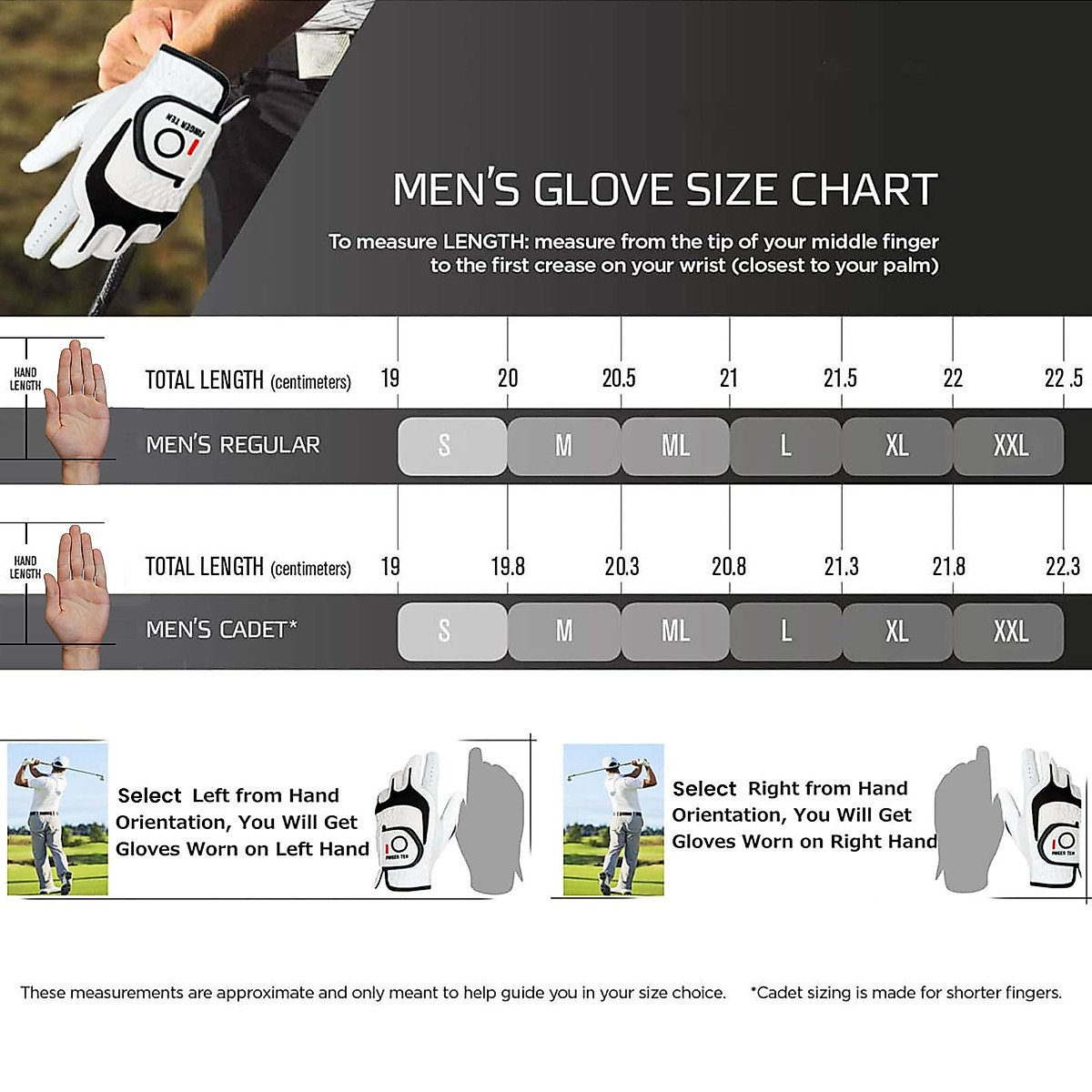 FINGER TEN Golf Gloves Men Right Left Handed Golfer 3/6 Pack Mens Golf Glove Left Right Hand Soft Cabretta Leather All Weather Grip Size S M ML L XL (White-3 Pack, Medium, Left)