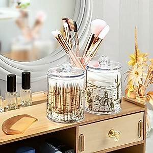 xigua Desert Cowboy Riding 2 Pack Qtip Holder Dispenser with Lid,Apothecary Jars Plastic Cotton Swabs Cans Clear Bathroom Storage Canister for Cotton Ball, Cotton Swab, Cotton Round Pads, Floss