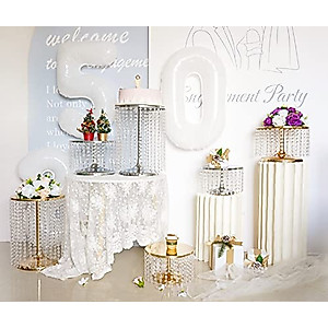 8 Inch Tall Wedding Gold Cake Stand - 12" Dia Round Base Cake Serving Stand with Crystal Chandelier, Dessert Cupcake Pastry Candy Display Plate for Weddings, Birthdays and Special Occasions