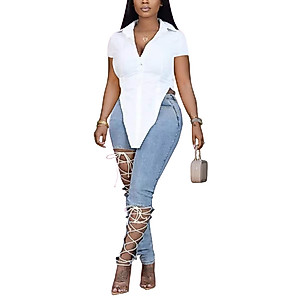 LYANER Women's Collar V Neck Button Front Short Sleeve Slit Hem Long Shirt Blouse Top Solid White Small