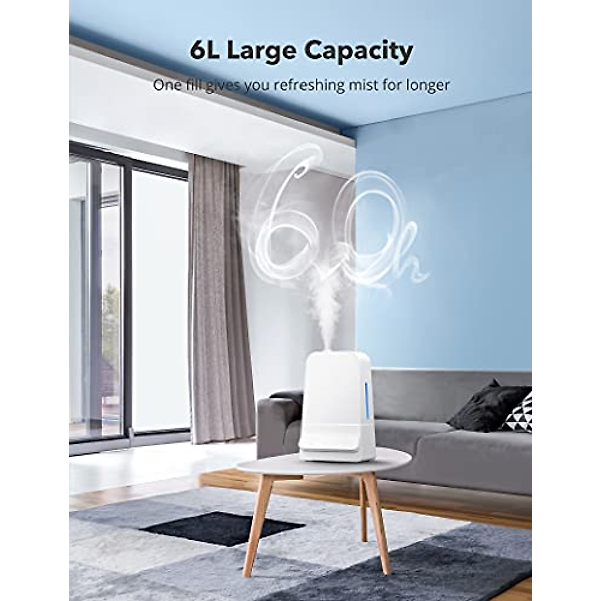 Humidifiers for Bedroom, 6L Ultrasonic Cool Mist Humidifier with Humidistat, LED Display, Wide Opening, Easy to Clean & Fill, Sleep Mode, Long Working Time, Air Humidifier for Bedroom Large room (White)