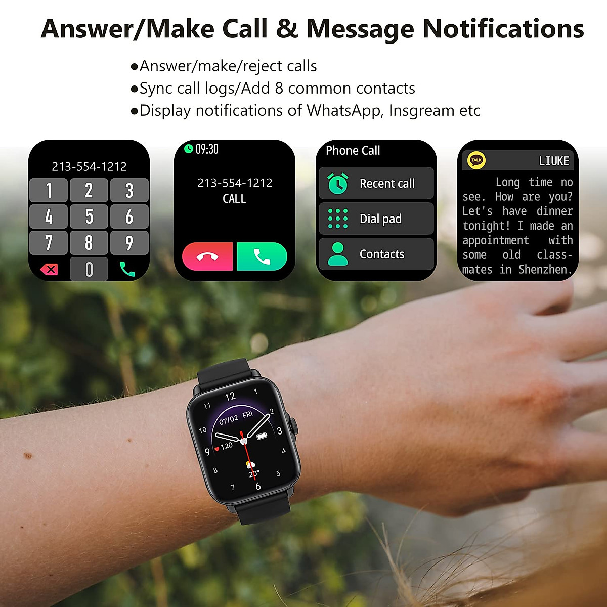 Smart Watch(Answer/Make Call), 1.7" Full-Touch Screen Smartwatch for Android and iOS Phones with Heart Rate & Sleep Monitor, Life Waterproof Activity Fitness Tracker Watch for Women Men, Black