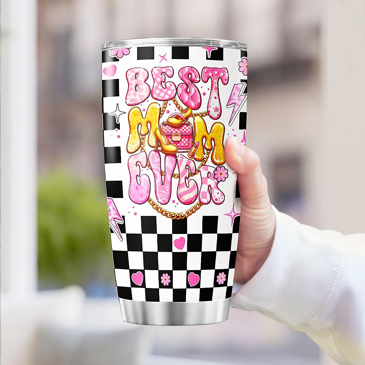 JENOIS Tumblers Women Cups Checkered Coffee Mama Funny Day For Mothers Modern Simple Simply Handle, Mom Nutrition Facts, Tumbler 20 Oz With Lid And Straw, Best Mom Ever Gifts