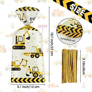 50 Pack Construction Party Favor Bags - Construction Theme Treat Bags, Truck Themed Cello Cellophane Gift Candy Goodie Bags with Gold Twist Ties for Kids Construction Birthday Party Supplies Favors