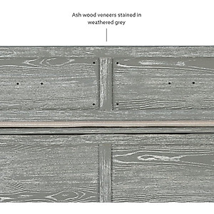 Linon Weathered Grey Carlton Storage Bench with Beige Upholstered Back and Cushioned Seat