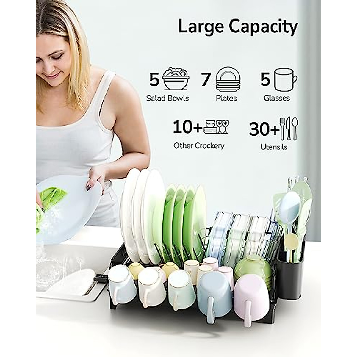 ULG Dish Drying Rack with Drainboard, Countertop Dish Rack, Rustproof Dish Drainer for Kitchen Counter, Draining Rack with Detachable Utensil Holder, Adjustable Swivel Spout Dish Strainers, Black