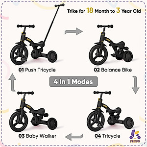 KRIDDO 3-in-1 Kids Tricycles for 2-3 Year Old, 12 Inch Front Wheel Trike and Toddler Balance Bike Bicycle for Boys Girls 2 Years to 4 Years, Removable Pedals for Push and Ride Fun, Blue