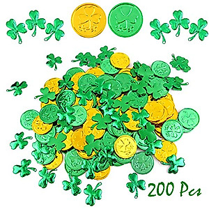 FEPITO 200PCS St.Patrick's Day Shamrock Coins Table Confetti Decorations, St.Patrick Shamrocks Green & Gold Lucky Clover Shamrock Plastic Coins for St.Patricks Day Decoration Party Favors