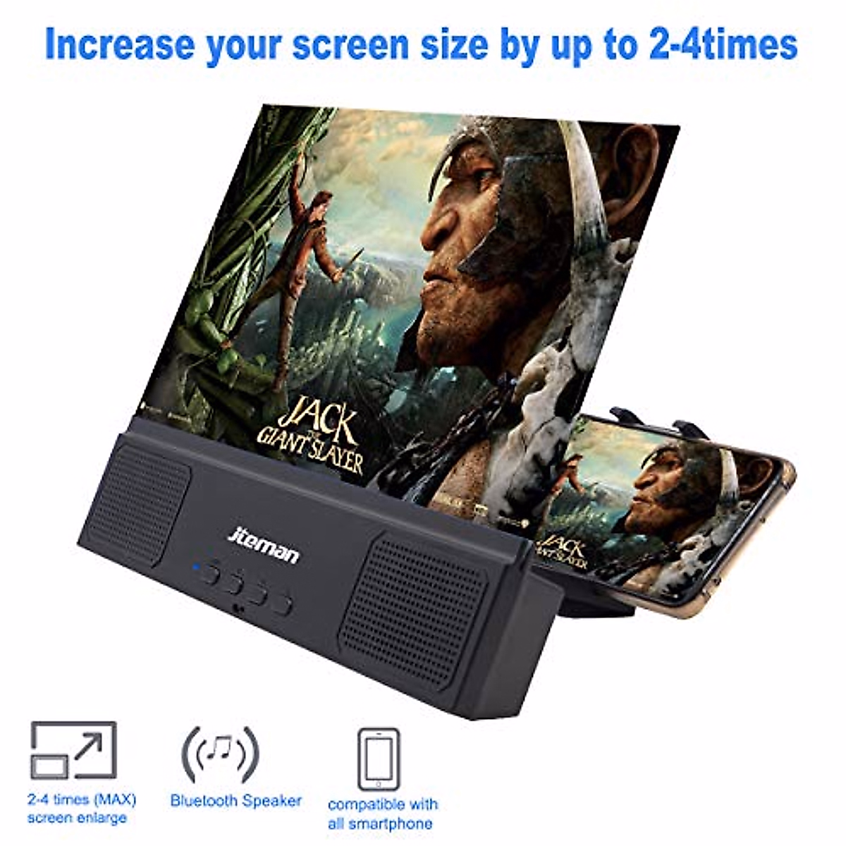 jteman 12'' 3D Mobile Phone Screen Magnifier with Bluetooth Speaker, HD Protable Movies Amplifier with Foldable Holder Stand, Support iPhone Xs Max/X / 8/8 Plus and Android All Smartphones…