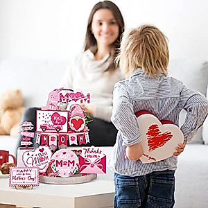 16 Pcs Mother's Day Heart Tiered Tray Decor Happy Mother's Day Wooden Sign Gnome Truck Mom Letters Wooden Decor Mothers Day Table Decorations for Mother's Gift Party Supplies (Heart Style)