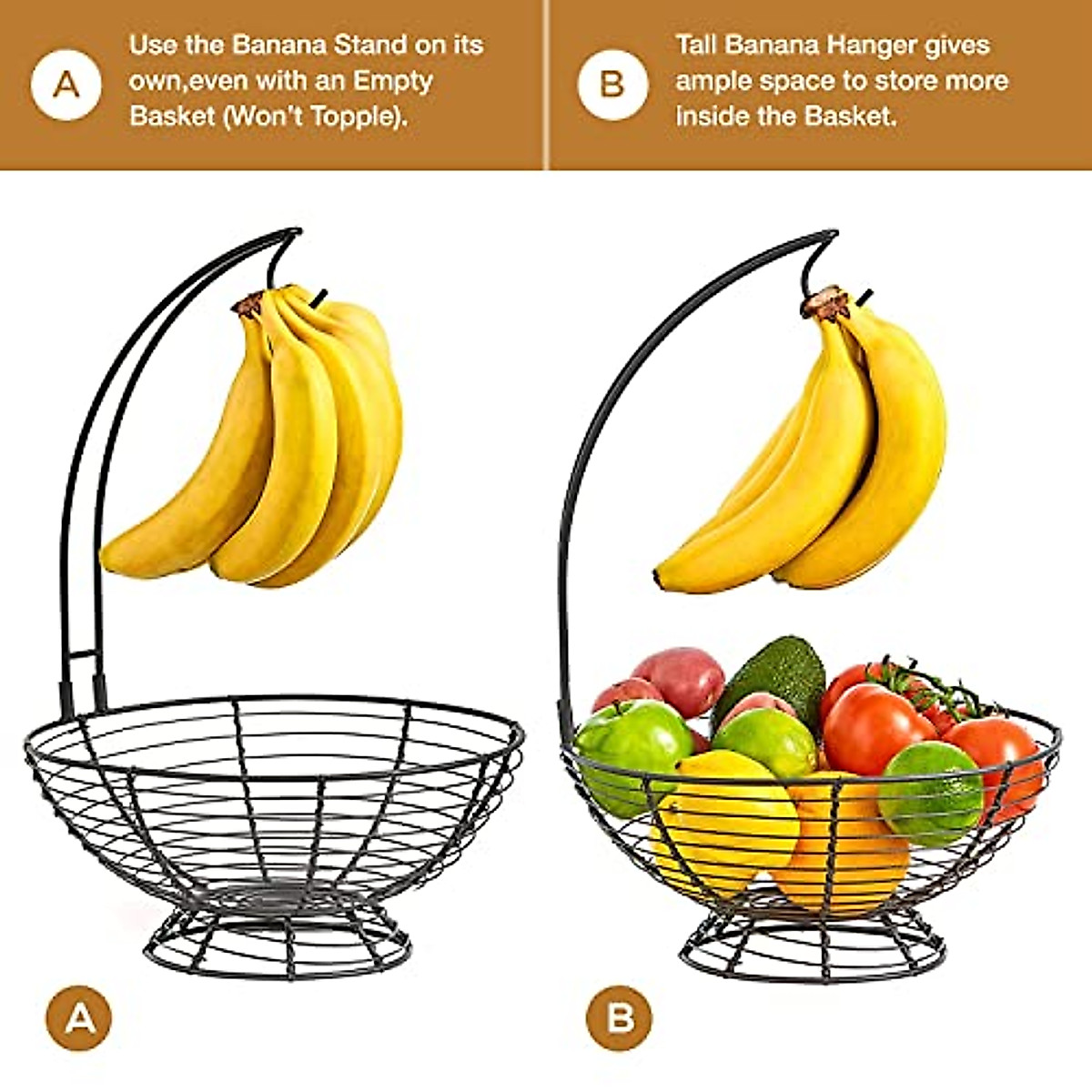 REGAL TRUNK & CO. Fruit Basket for Kitchen, 16.5 Rustic French Farmhouse Black Fruit Bowl with Removable Banana Holder Basket, Ideal to Store your Fruit & Vegetable, Medium Size, Birthday Gift