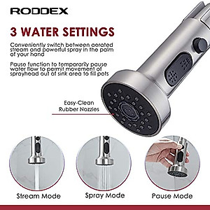 RODDEX Kitchen Faucet Stainless Steel Solid Brass Single Handle Single Hole Sink Faucets with Pause Button, 3 Hole Cover Deck Plate Pull Out Pullout Sprayer, Silver & Brushed Nickel …