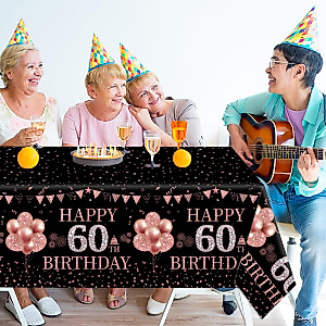 3Pcs Rose Gold 60th Birthday Tablecloths-Happy 60 Birthday Party Supplies for Women Rose Gold Disposable Rectangular Plastic Table Covers