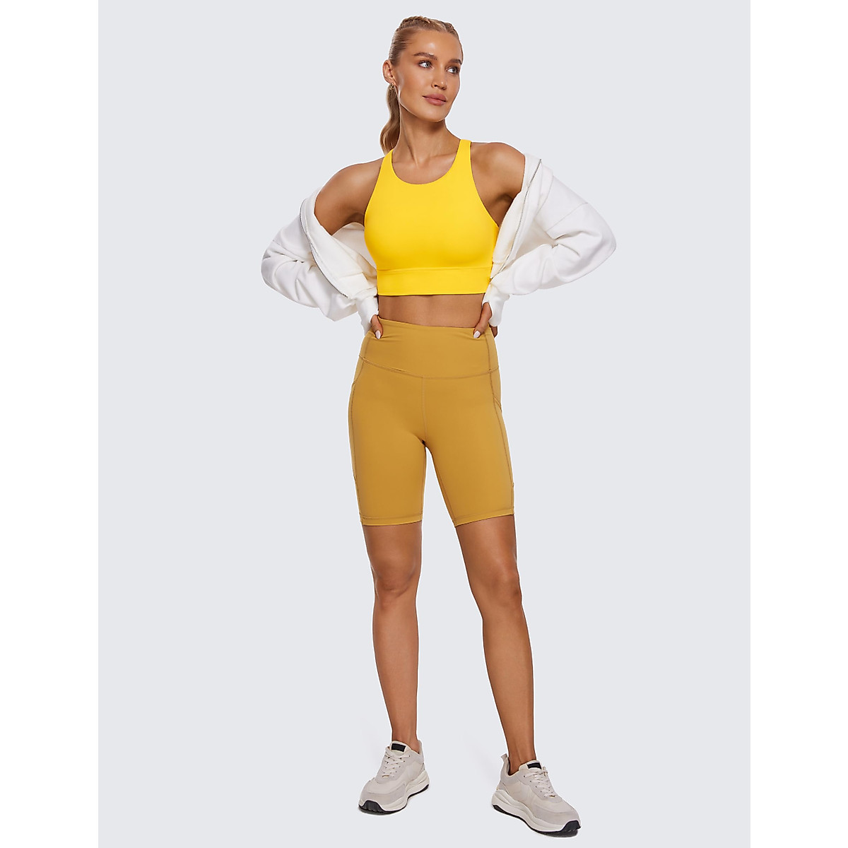 CRZ YOGA Womens Butterluxe Strappy High Neck Longline Sports Bra - Wireless Criss Cross Back Padded Workout Cropped Top High Visibility Yellow Medium