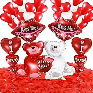 Civaner 25 Pcs Red Heart Balloons I Love You Valentines Day 2000 Rose Petals 40 Inch Bear Balloon and White Shaped Lip for Wedding Party Decoration, White,transparent,red
