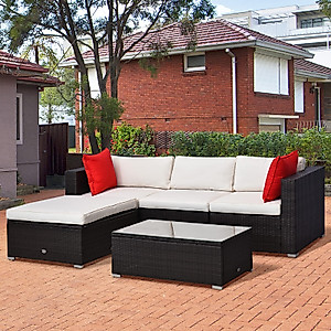 Outsunny 5-Piece Patio Furniture Set with Cushions, Outdoor PE Rattan Wicker Sofa Set, Sectional Furniture with Pillows, Glass Coffee Table for Garden, Backyard, Brown/Cream White