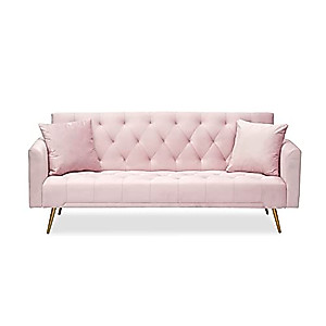 Tufted Upholstered Velvet Modern Futon Loveseat Sleeper Sofa Bed Convertible Couch Daybed,Folding Sofá Beds Recliner,Small Love Seat 2-Seat Couches with Toss Pillows&Metal Legs for Living Room