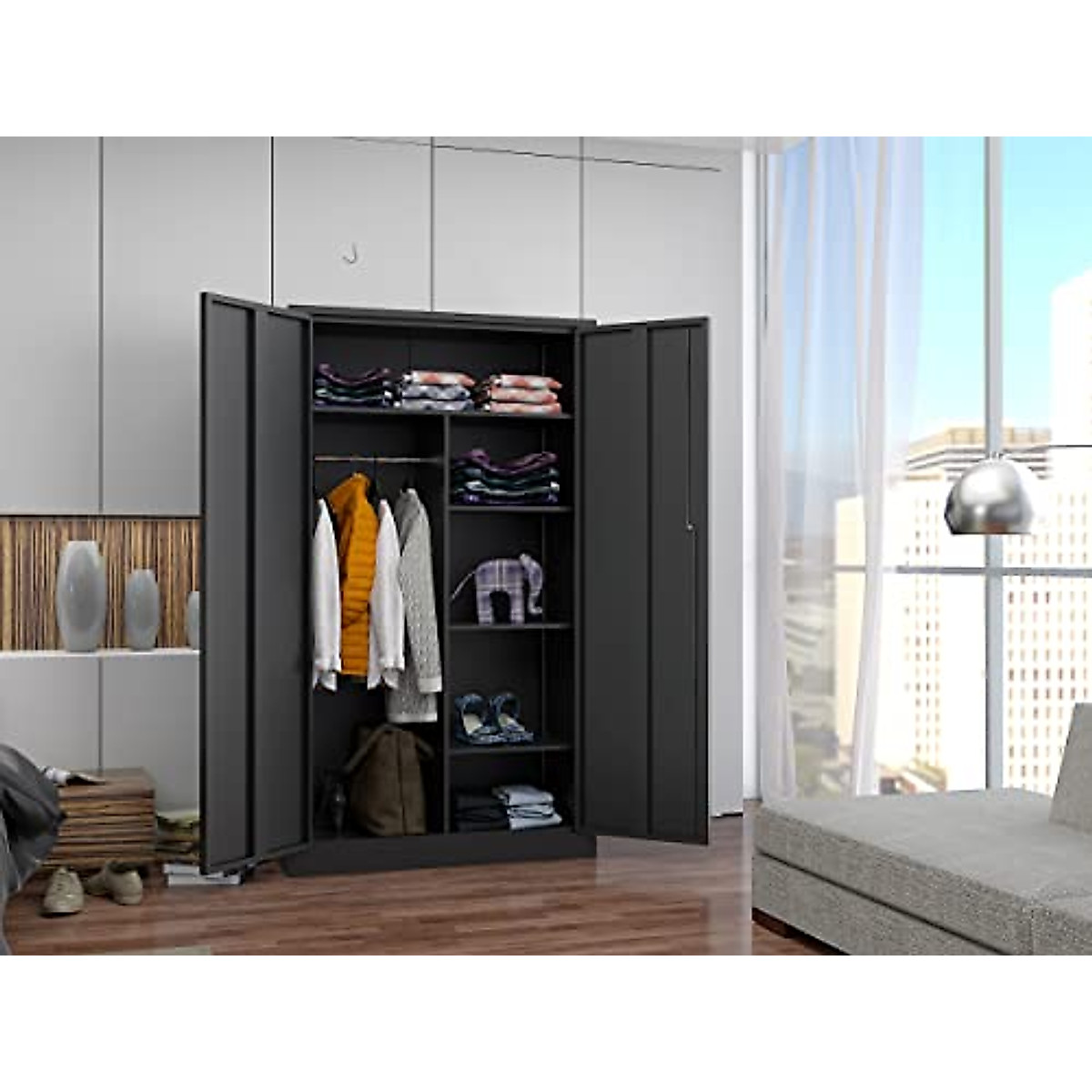 BYNSOE Metal Storage Locker Cabinet,Metal Locker 72” Black Tall Steel Wardrobe,Employees Locker with Hanging Rod,Shelves and Lockable Doors for Home, School, Office - Assembly Required (Black-Style 3)