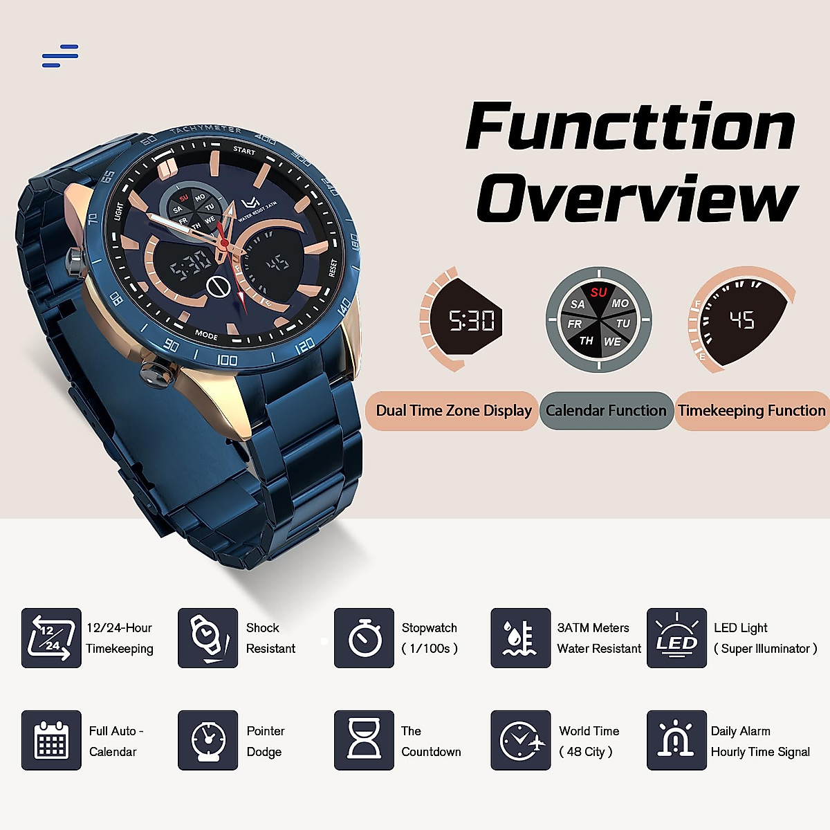 VERULEAN Mens Watches Military Watch for Men Japanese Movement Multifunctional LED Alarm Stopwatch Stainless Steel Waterproof Sport Watch 2 Time Zone Analog Digital Watch (QCS101-Blue & Gold -Black)