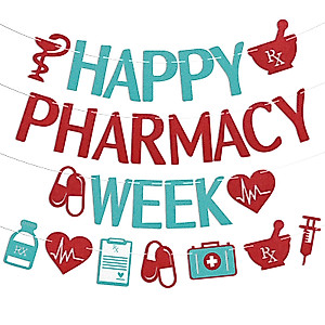 Happy Pharmacy Week Banner - Pharmacy Appreciation Week Decorations, Thank You Pharmacist Bunting Sign, Pharmacy Week Staff Party Decor Blue Red Glitter