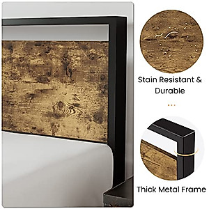 SHA CERLIN Queen Size Modern Bed Frame with Wooden Headboard, Heavy Duty Metal Platform Bed, No Box Spring Needed, Noise-Free, Rustic Brown