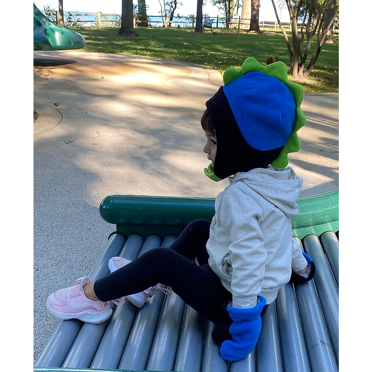 N'Ice Caps Toddler Baby Hat Mitten Set Boys Dino Fleece Gloves Warm Sherpa Lined (4-7 Years, Black/Royal/Neon Green Dino)