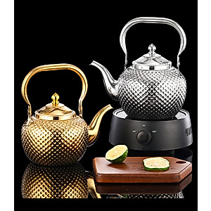 Alunsito Teapot for Stove Top, Stovetop Tea Kettle, Food Grade Stainless Steel Tea Kettle, 2.1qt Metal Tea Pot with Tea Strainer for Easy Tea, Coffee, Gold, 2 Liters