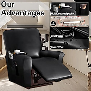 HewTLES PU Leather Recliner Cover, Elastic Waterproof Sofa Cover, 4-Piece Recliner Cover with Pockets, Easy to Clean Recliner Covers for Large Recliner，Added armrest Storage Pockets (Black)
