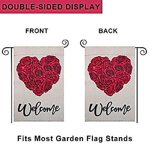 Welcome Valentines Day Garden Flag, hogardeck 12.5x18 Inch Vertical Double Sided Rose Heart Yard Flag, Farmhouse Rustic Outdoor Valentines Day Decor