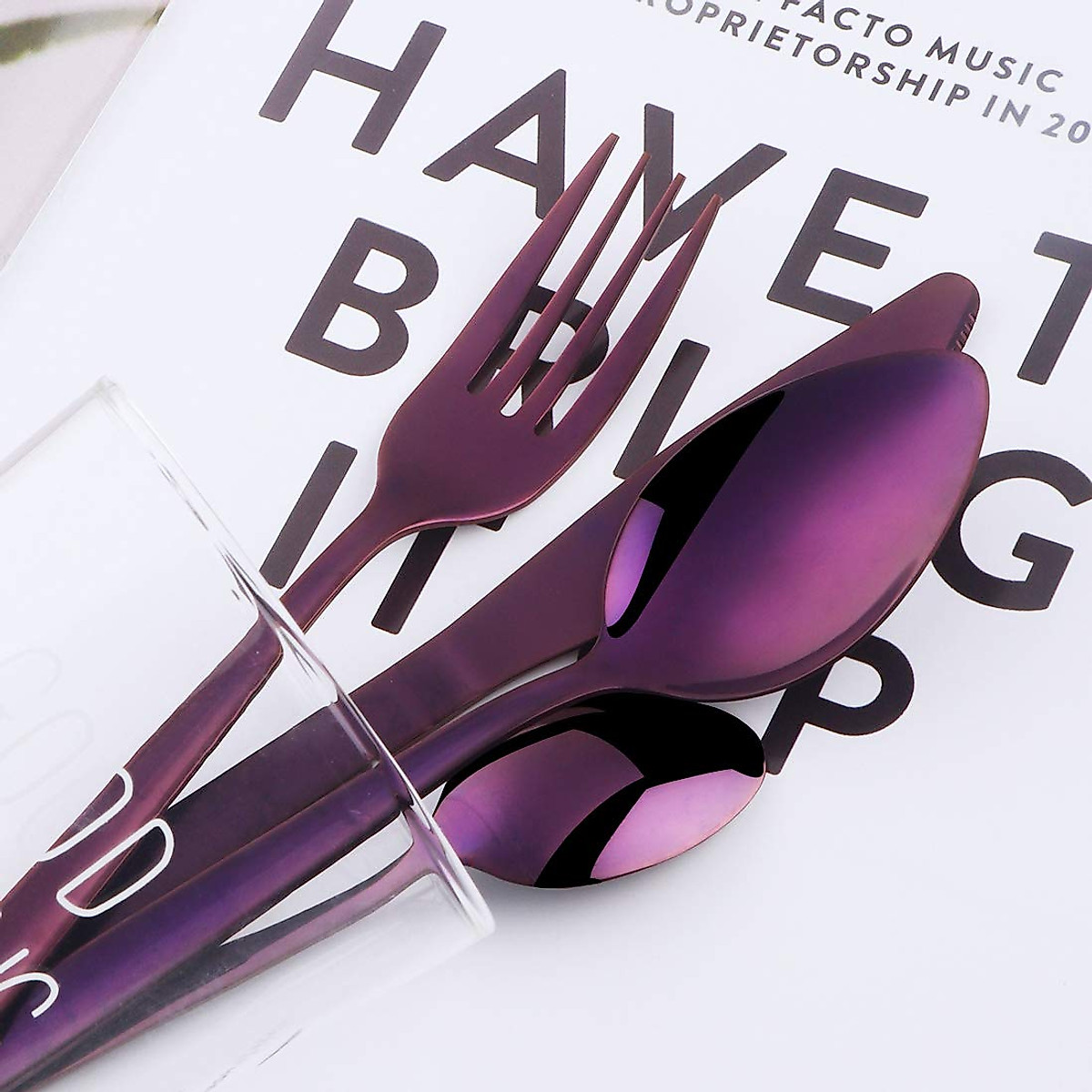 Purple Silverware Set, BuyGo 24-Piece Stainless Steel Camping Flatware Dinnerware Set for 6, Hand Polish, Dishwasher Safe