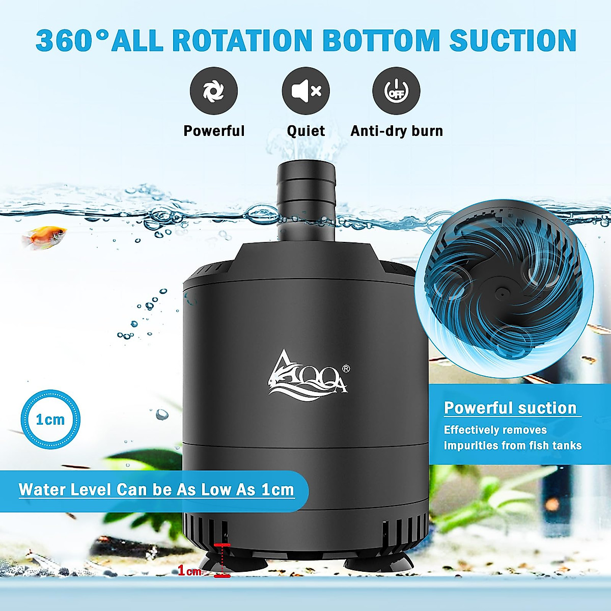 AQQA 160-800GPH Aquarium Submersible Water Pump with 2 Nozzles Adjustable Waterflow Ultra Quiet Electric Water Pump for Fish Tank Water Circulation Pool Draining Water Fountain (30W, 530GPH)