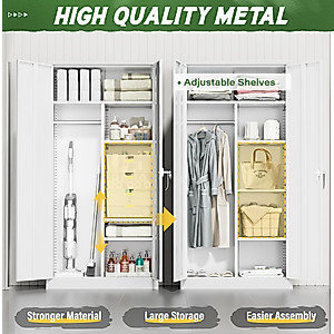 Greenvelly Metal Wardrobe Closet with Doors and Shelves,72" Armoire Wardrobe Closet for Hanging Clothes for Office, Home, School, Employee,Gym(White)