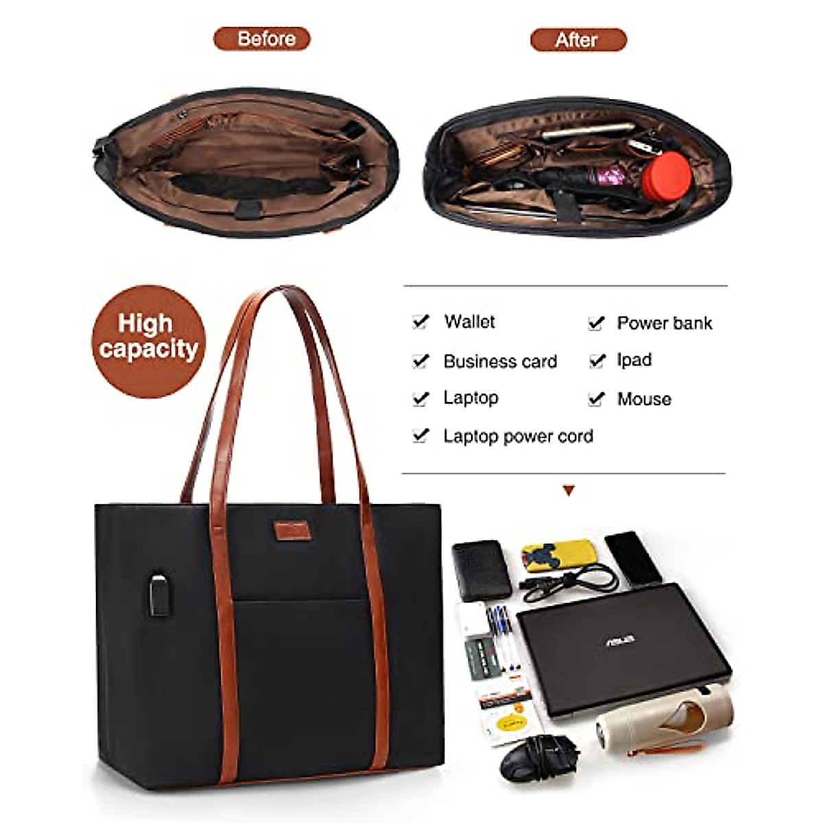 Laptop Tote Bag for Women Teacher Work Office USB Bags Fits 15.6 inches Laptop Lightweight Water Resistant Nylon Tote Bag (Black and Brown Strap)