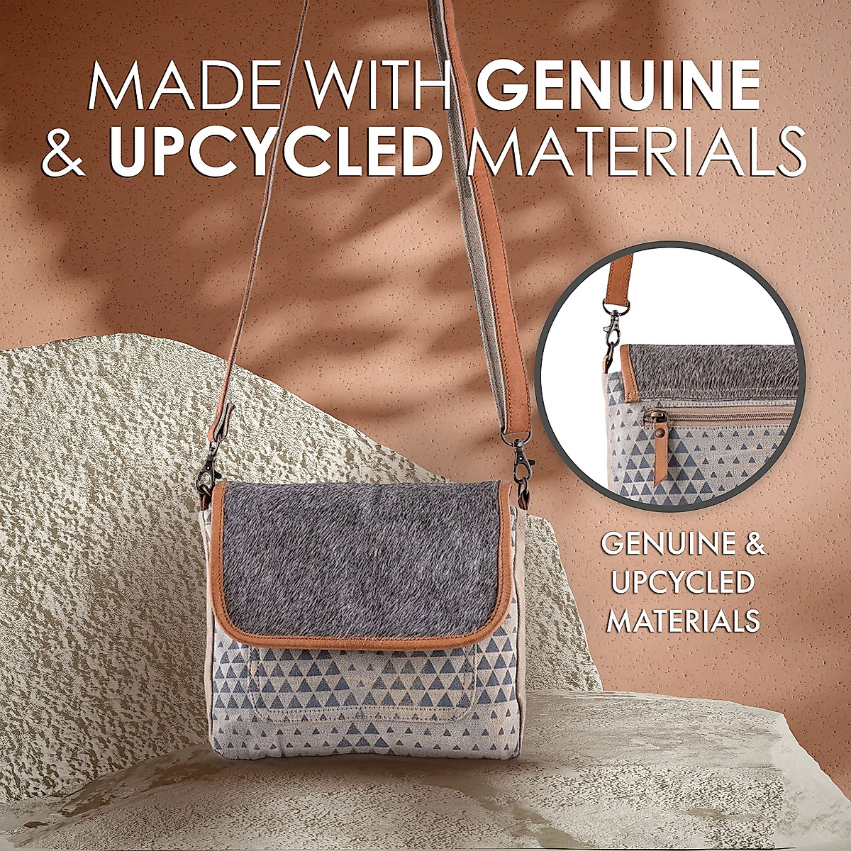 SIXTEASE Crossbody Bag for Women Vintage Style Genuine Leather, Upcycled Canvas, Rug, or Hair On - Cross Body Womens Bags with Inside Zipper Pockets - Triangular Fusion