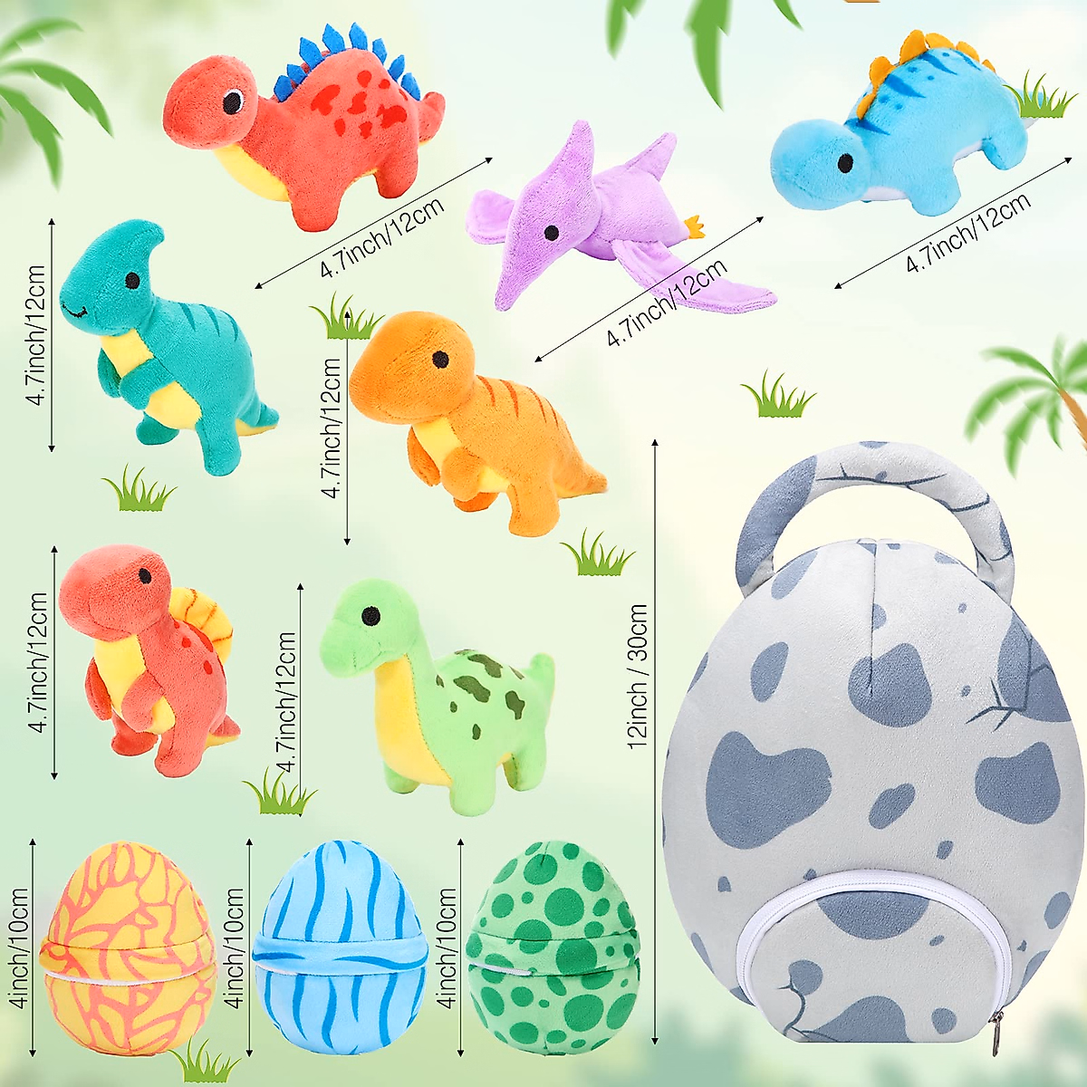 Zhanmai 11 Pcs Dinosaur Stuffed Animal Small Dino Plush Toy and Egg Bag Set Cute Stuffed Dinosaur Animals Plush Toys Soft Dinosaur Stuff Animals for Easter Birthday Dinosaur Themed Party (Classic)