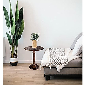 Round End Table,Small Table,Side Table, Side Tables Living Room,End Table,Round Side Table,Altar Table, Carved Side Table,Wood Accent Table,Carved Wood Table Single Pillar 18x22 inch Burnt