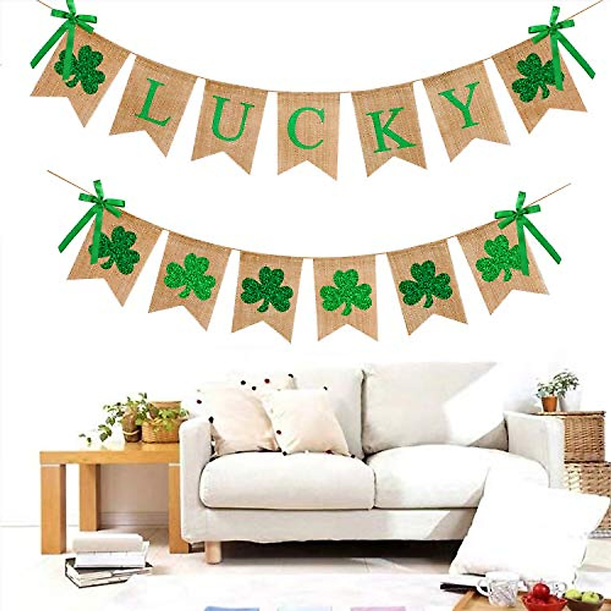 St. Patrick's Day Decorations Burlap Lucky Banner Glitter Shamrock Banner Green Clover Lucky Irish Party Banner for St. Patrick's Day Party, Green Theme Party, Spring Holiday Party Supplies