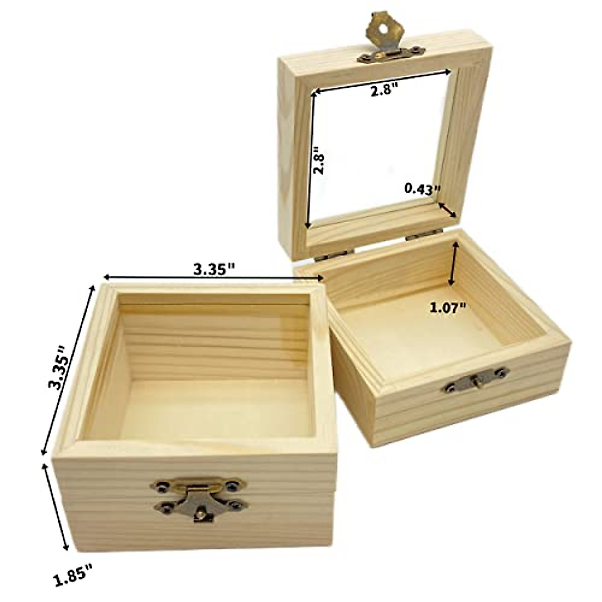 Little Fire Craft Unfinished Wooden Box with Glass Hinged Lid DIY Decorative Box Wooden Jewelry Box Mini Storage Gift Box for Christmas and Birthday 3.35 x 3.35 x 1.85 inch 2 Pack