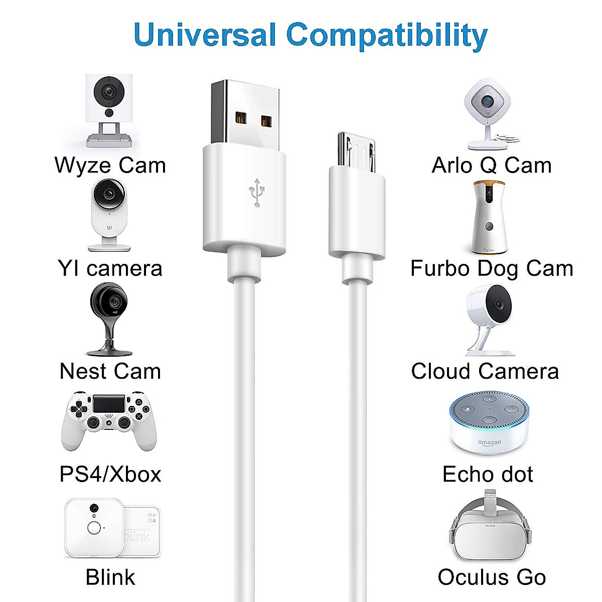 Power Extension Cable Cord 33ft 10m for WyzeCam,Wyze Cam Pan,Yi Camera,Nest Cam Indoor,Kasa Cam Indoor,Amazon Cloud Cam,Blink, Durable USB to Micro USB Charging Cord for Security Camera