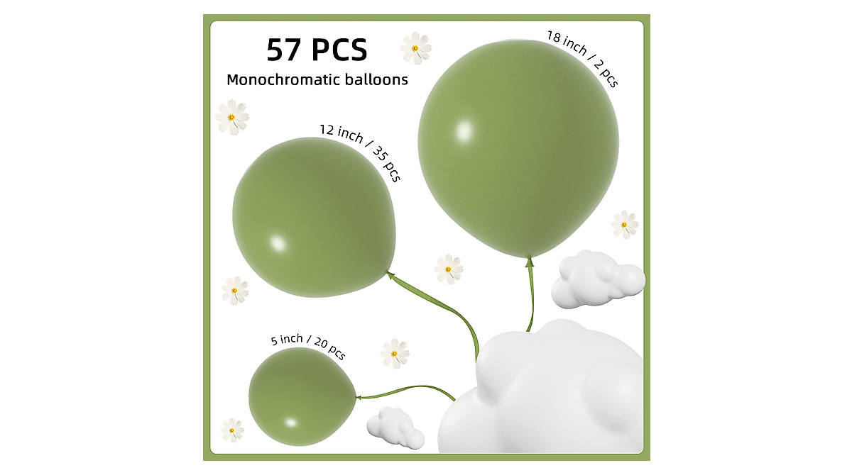 Smoke Green Balloons 57 Pcs - Multi-Size Party Kit