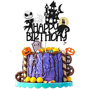 1Pc Halloween Happy Birthday Cake Topper Glitter Jack and Sally Pumpkin Bat Castle Ghost Halloween Cake Pick for Halloween Theme Baby Shower Kids Birthday Party Cake Decorations Supplies