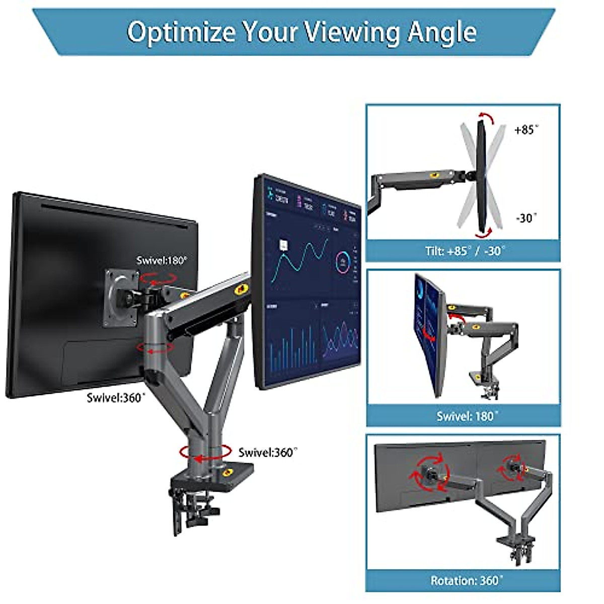 NB North Bayou Dual Monitor, 22''-32'', Arm Ultra Wide Full Motion Swivel Mount with Gas Spring, Load Capacity from 4.4 to 33lbs Each Height Adjustable Stand G35