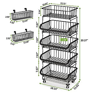 Fruit Vegetable Basket, 1Easylife 5 Tier Stackable Metal Wire Basket Cart with Rolling Wheels, Utility Rack for Kitchen, Pantry, Garage With 2 Free Baskets (Black)