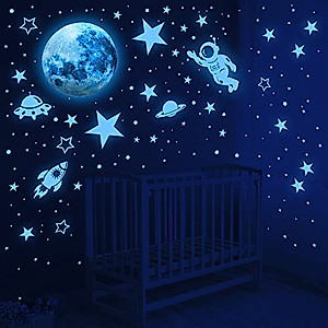Glow in the Dark Stars for Ceiling,Outer Space Planet Wall Stickers Glow in the Dark Galaxy Universe Wall Decal Solar System Rockets Alien Wall Decor for Kids Boys Girls Bedroom Nursery Playroom Ceiling Decor