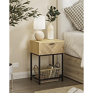 Masupu Nightstand,Bedside Tables with Storage Drawer,Tall Nightstand with Herringbone Pattern,Bedside Furniture,Small Side Table for Small Spaces, Bedroom, Living Room, Rustic Oak