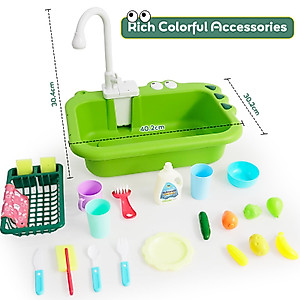 Kids Kitchen Sink Toy Set with Running Water 23Pcs Playing Dishwasher with Automatic Water Cycle System Pretend Play Toy for Kids Boys Girls Toddler
