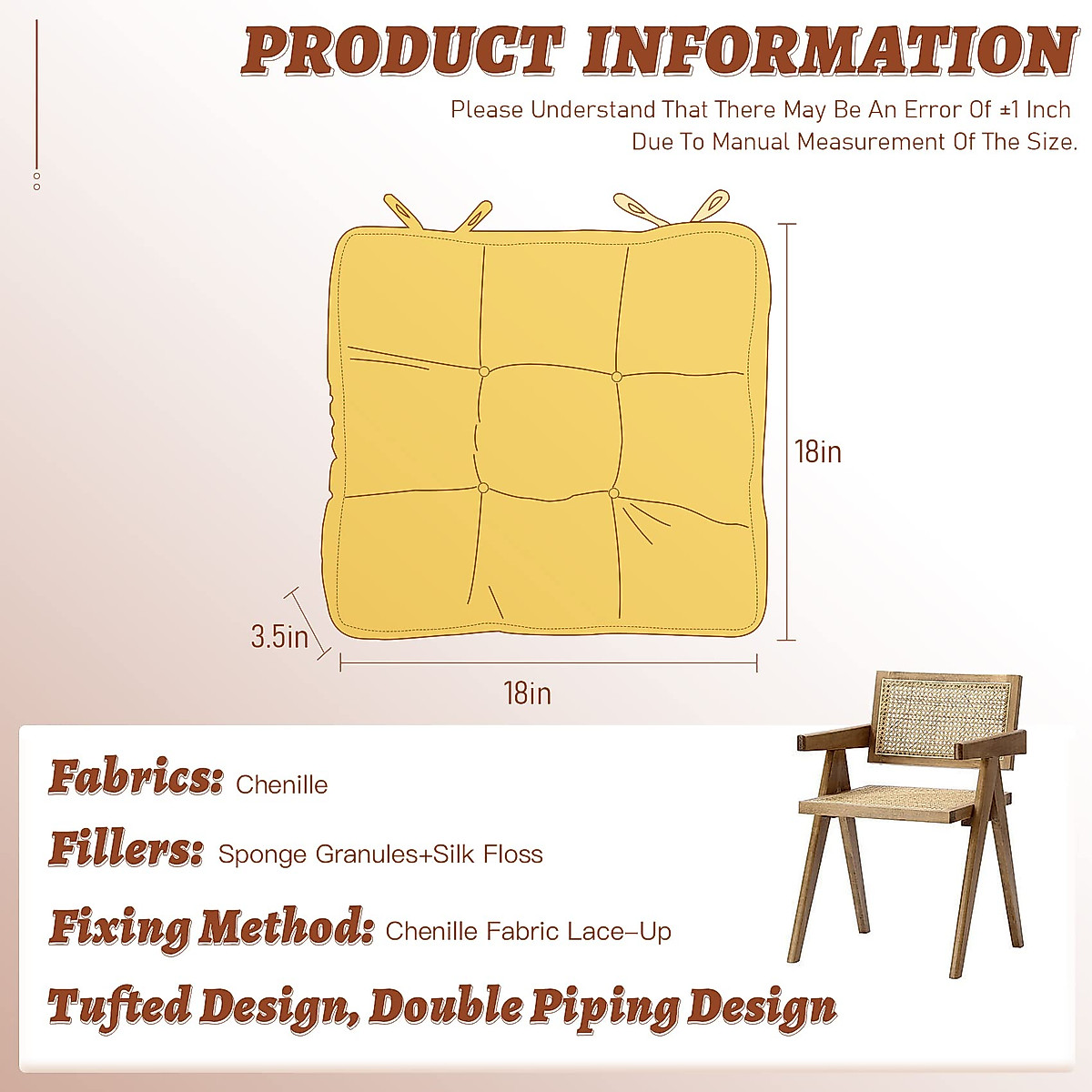 Focuprodu Chair Cushions. 18x18 Inch Thick Soft Chenille Fabric for Patio Chair Cushion. Double-sided Use with Ties for Office/Dining Room/Window (Brown)