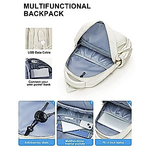 Small Backpack For School Girls Boys Aesthetic Lightweight Travel Daypack Simple Cute Backpack For Women Men Waterproof College High School Bookbag Fit 14 Inch Laptop With USB charging port,Beige