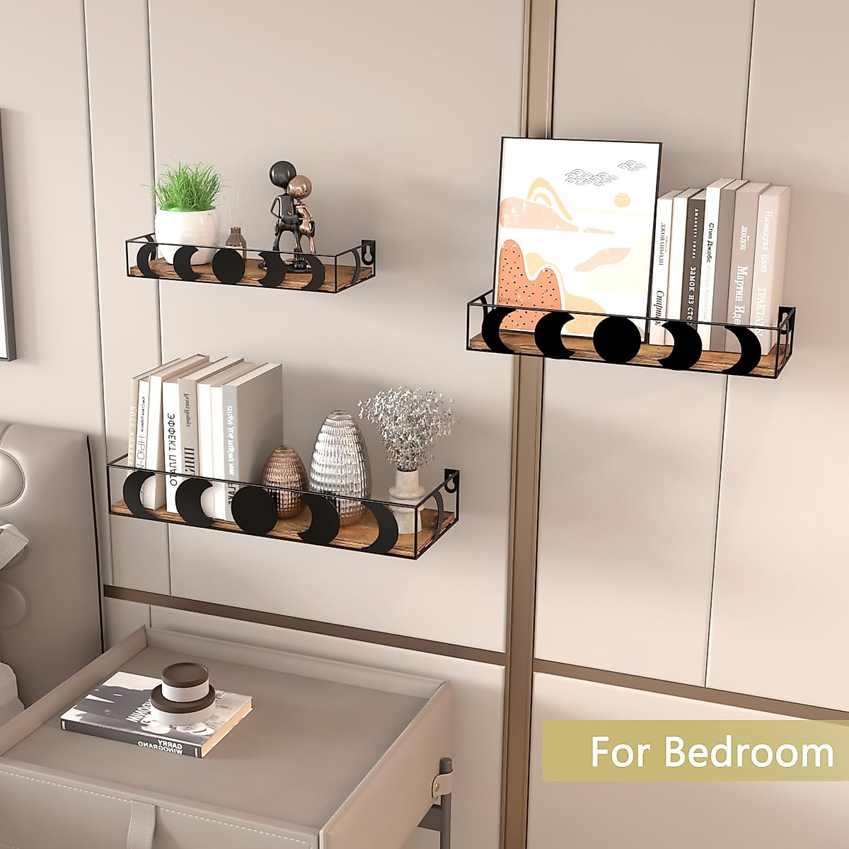 Serwrsw Moon Phase Wall Shelves Set of 3, Black Floating Shelves with Brown Board, Crystal Display Shelf for Witchy Wall Decor