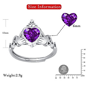 Claddagh February Amethyst Birthstone Rings - 925 Sterling Silver Adjustable Heart Gemstone Ring Traditional Irish Wedding Band Promise Eternity Bands Jewelry for Women (With Gift Box)